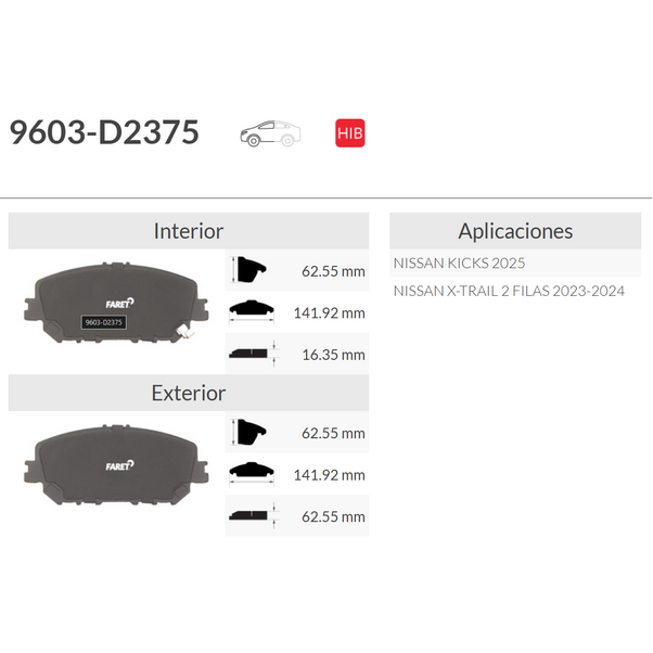 Balata Freno De Disco Hibrida Delantera Fd2 9603 D2375 Faret Autopartes